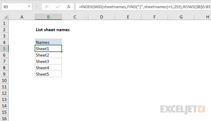 List Sheet Names With Formula Excel Formula Exceljet